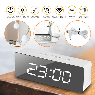 Digital Alarm Clock LED Large Mirror Display Snooze Temperature Night ...
