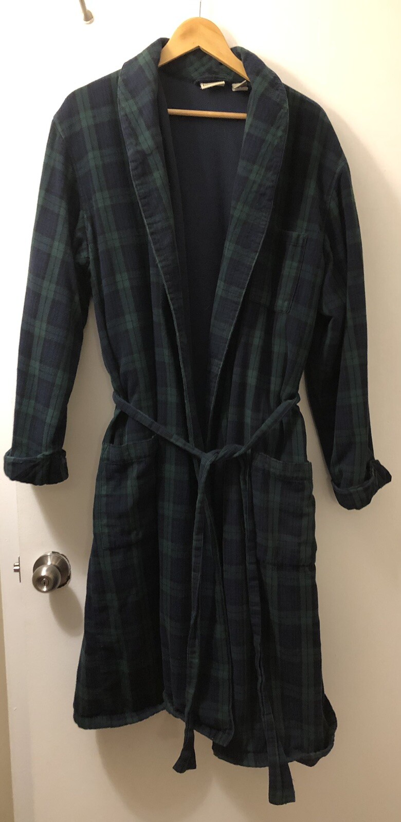 LL BEAN Men's Bath Robe w/ Belt Plaid Fleece Lined Flannel Blue Green L ...