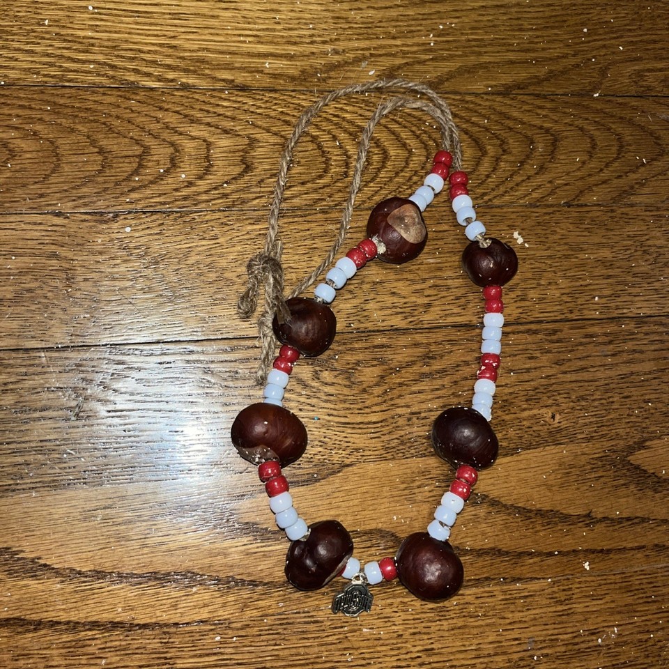 Real Buckeye Necklace w/ Scarlet Gray Beads 34” Fits for Ohio State ...