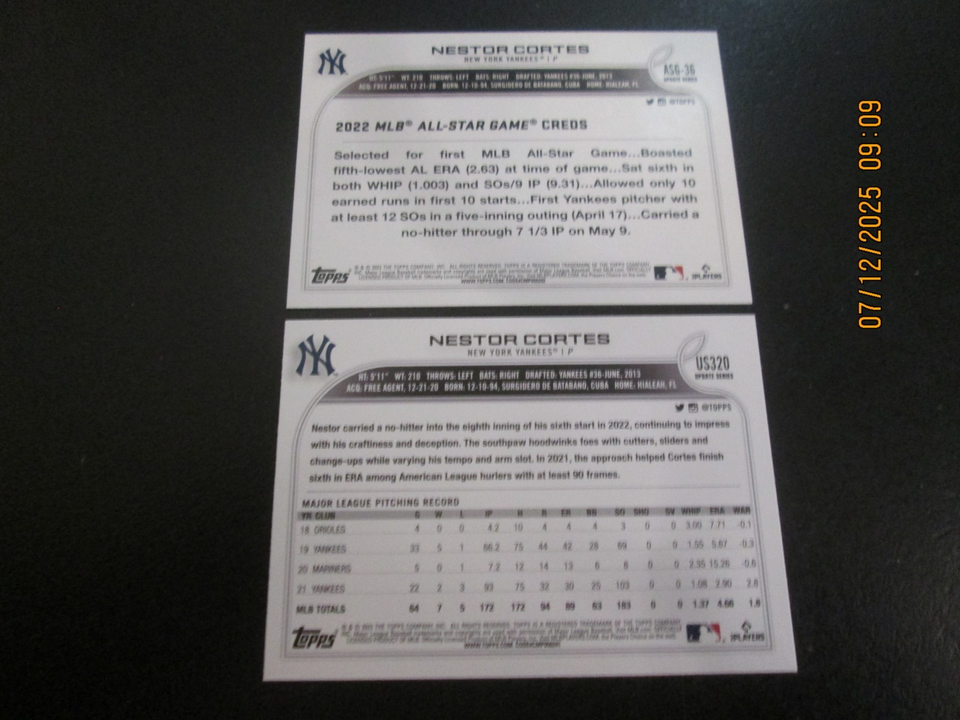 NESTOR CORTES 2022 TOPPS UPDATE ALL STAR GAME AND REGULAR CARD #ASG-36 ...