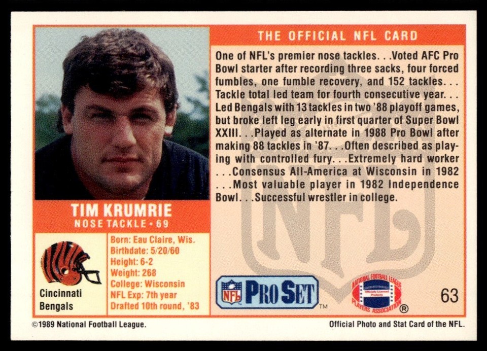 1989 Pro Set Tim Krumrie Cincinnati Bengals #63 | eBay