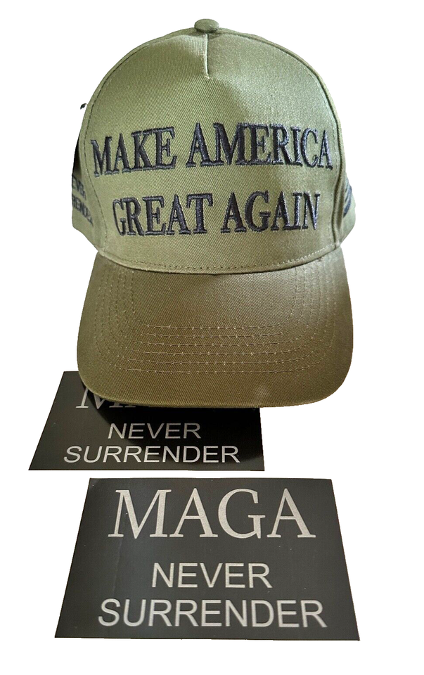 Trump..OFFICIAL..MAGA Hat..NEVER SURRENDER..+ 2 Decals...Olive Drab ...