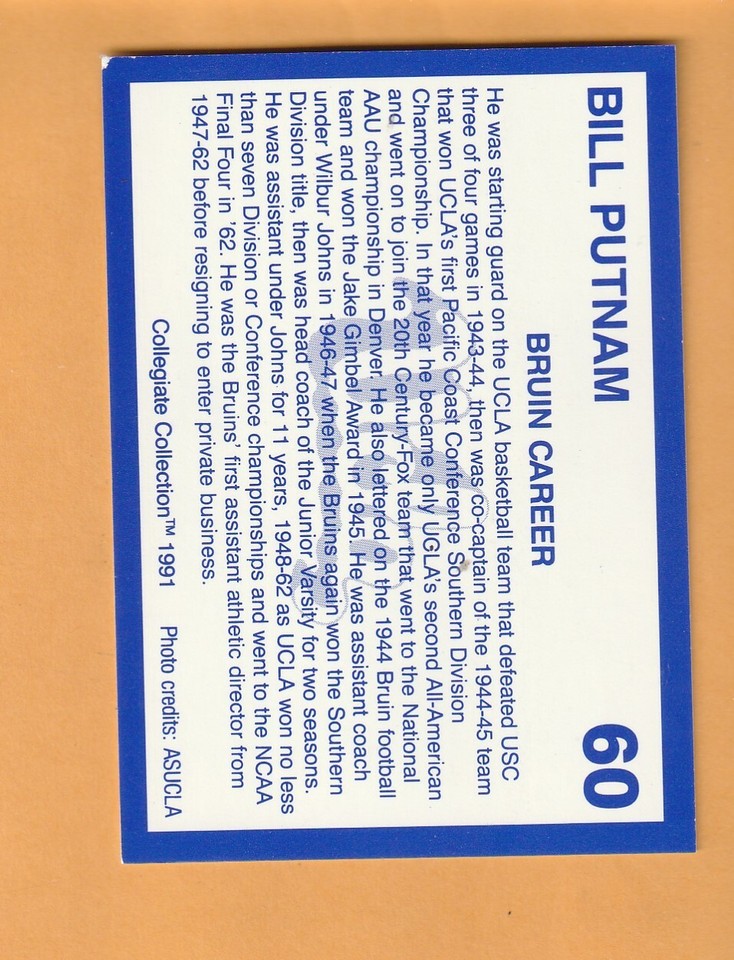 Bill Putnam UCLA Bruins 1991 Card #60 Sacramento California 8Z | eBay