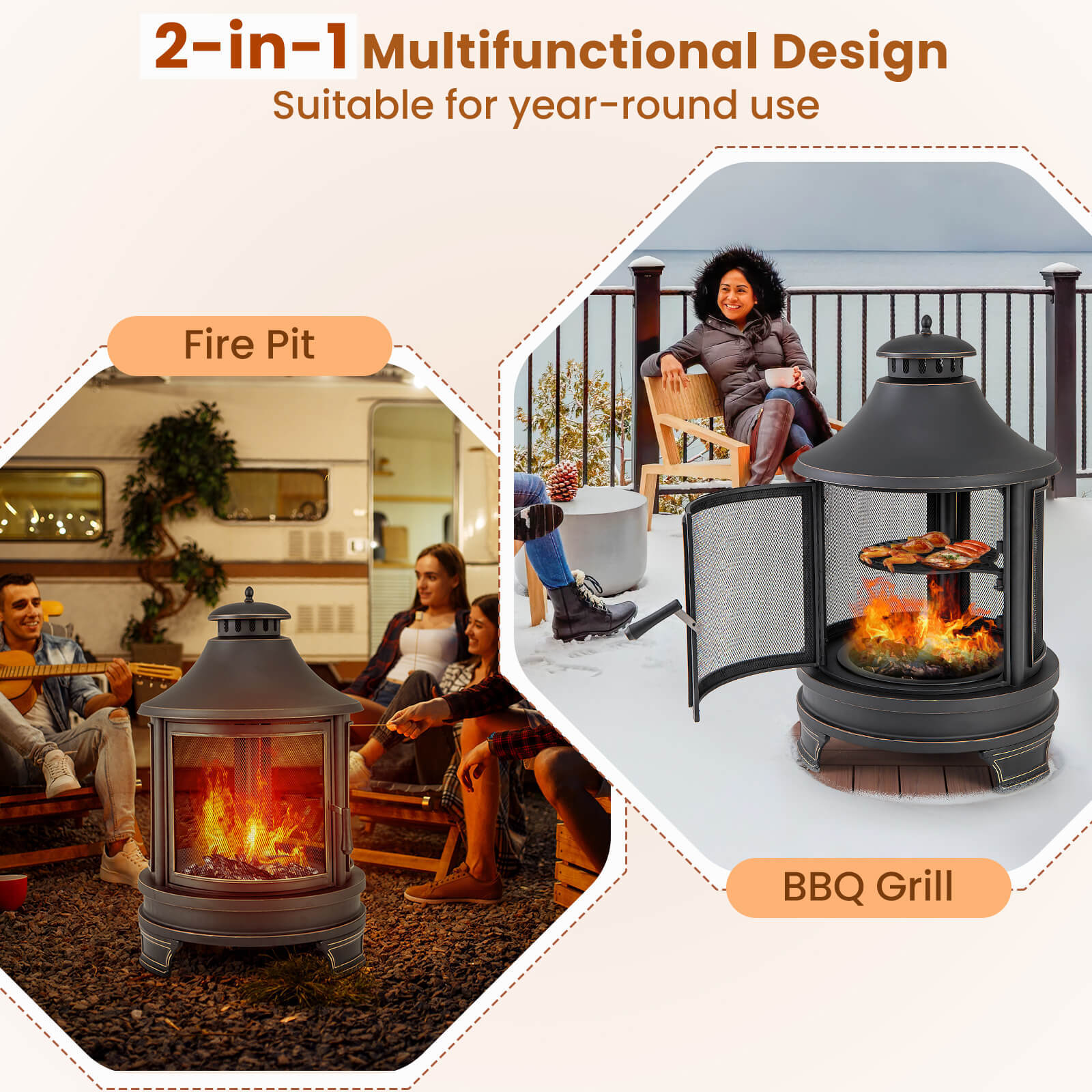 Outdoor 30 Inch Fire Pit Chiminea w/ Grill Chimney Spark Screen Door ...
