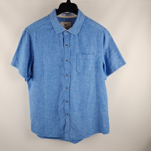 Report Collection Mens Large Blue Linen Blend S/S Button Up | eBay