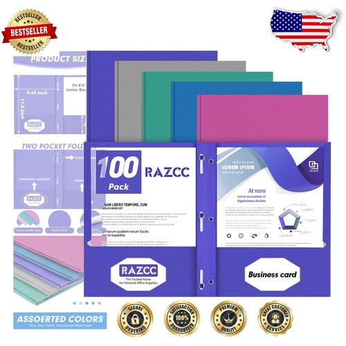 Assorted 100 Pack Letter Size Two Pocket Folders with 3 Prongs & Card ...