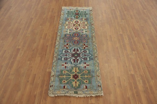 Light Blue Kazak Geometric 8 ft Runner Rug Wool Hand-made Oriental ...