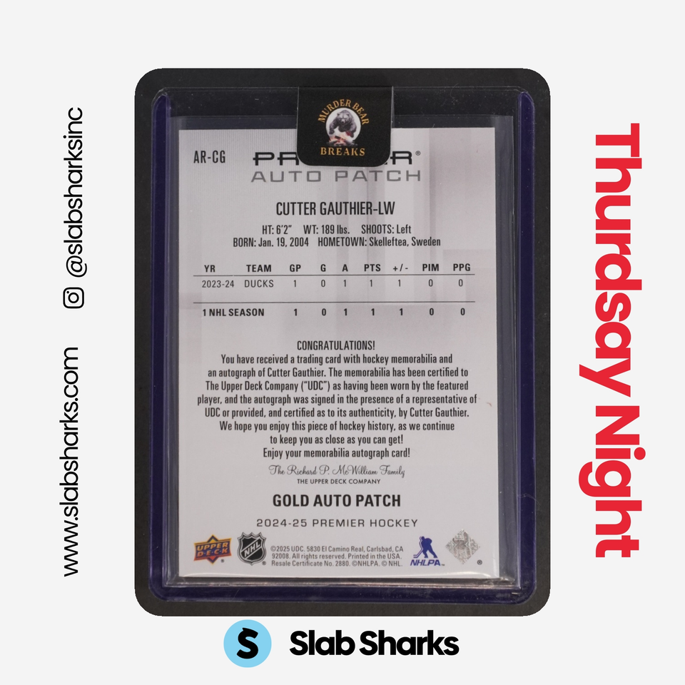 2024 UPPER DECK PREMIER CUTTER GAUTHIER ACETATE ROOKIES AUTO PATCH GOLD ...