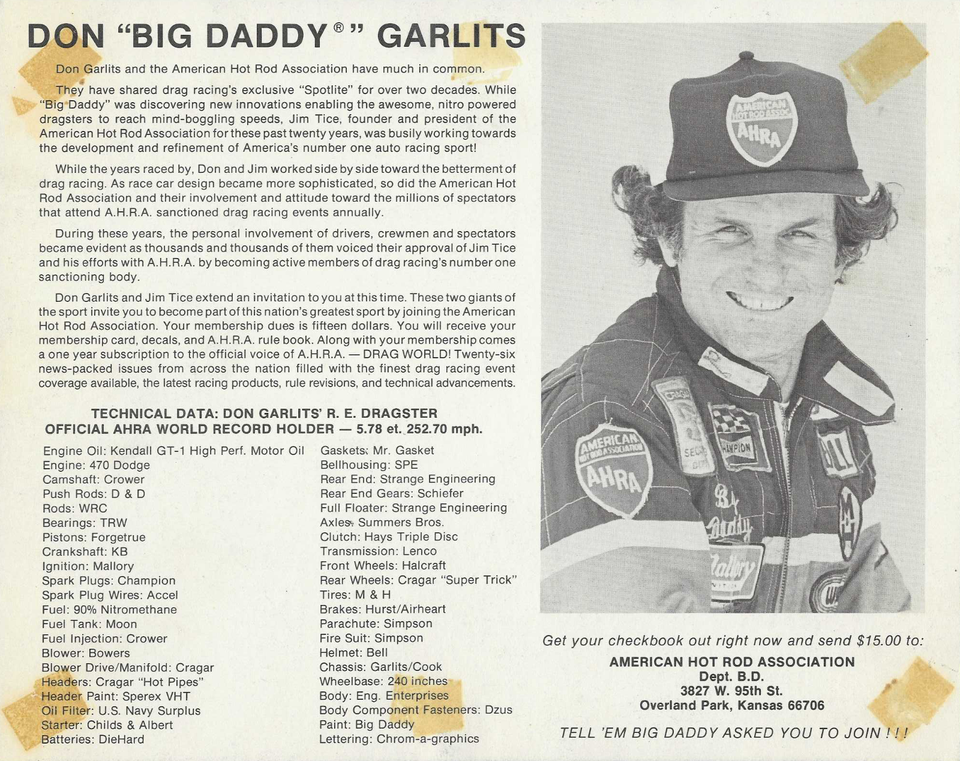 AHRA DON GARLITS Big Daddy Dragster Handout Hero Card 8.5x11 Mopar ...