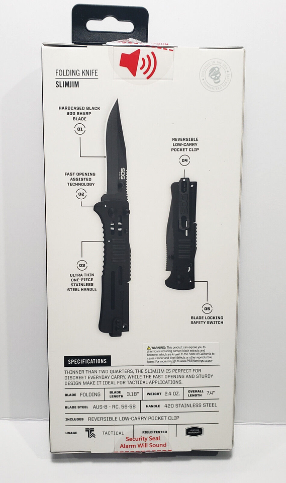 SOG Black SlimJim A/O Lockback Spring Open Assisted Folding Pocket ...
