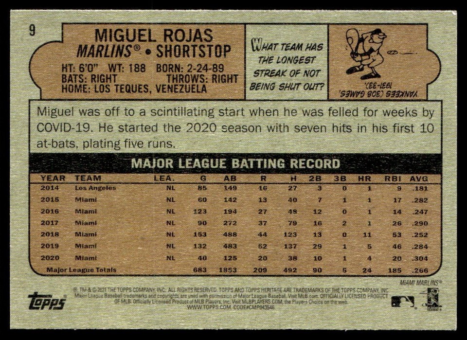 2021 Topps Heritage Miguel Rojas Miami Marlins #9 | eBay