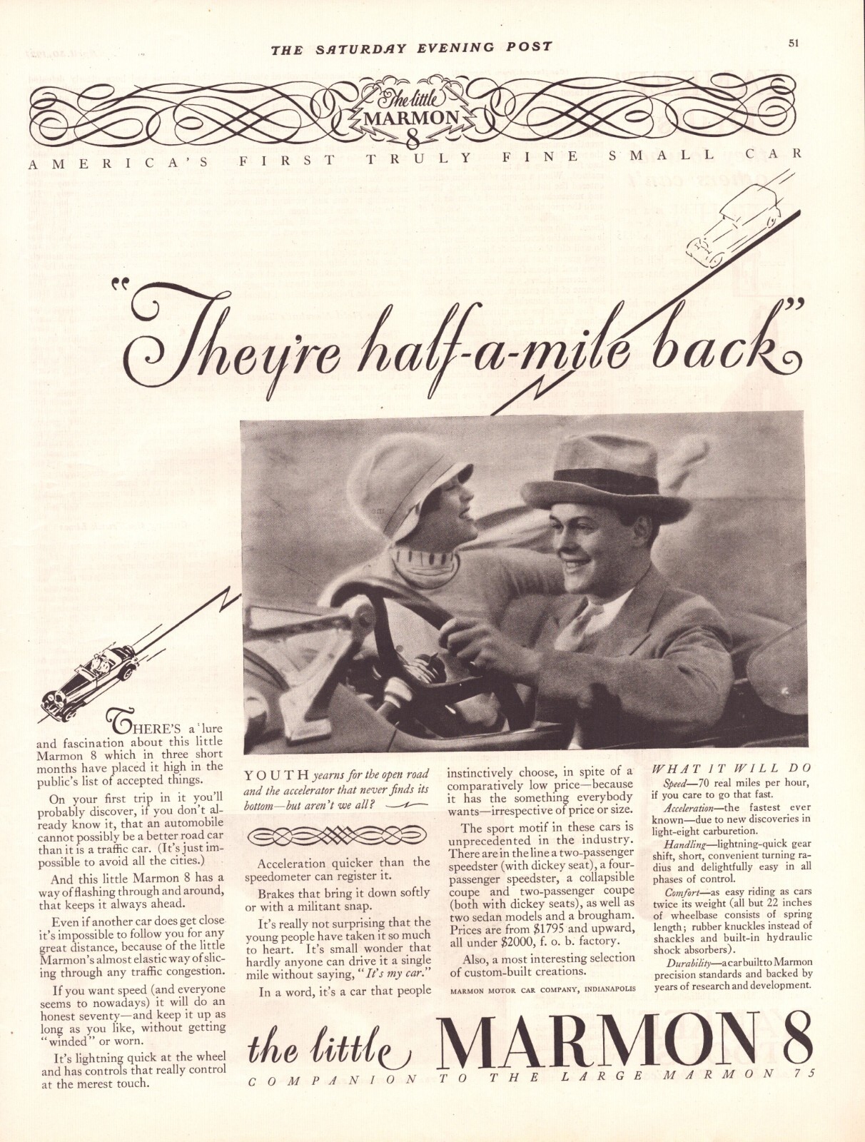 1927 The Little Marmon 8 Print Ad They're Half a Mile Back Young Couple ...