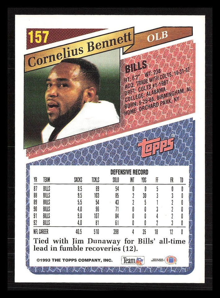 Cornelius Bennett 1993 Topps #157 Buffalo Bills | eBay