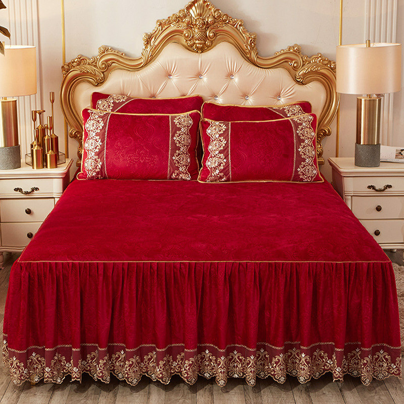 Lace Velvet Queen Size Fitted Bed Sheets Bedspread Embossing Bed Skirt ...