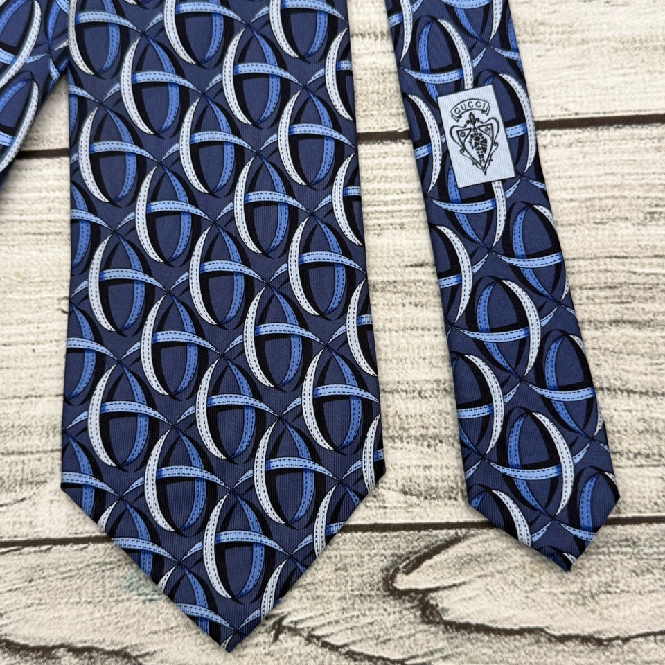 Gucci Blue & White 100% Silk Tie Interlocking Circles Gs Geo Logo ...