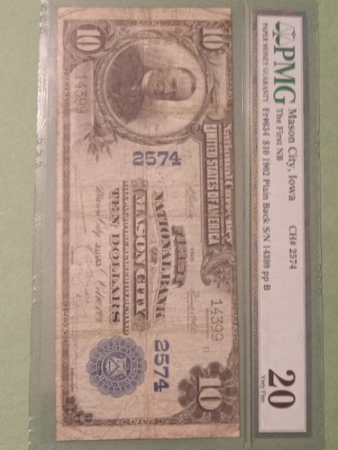 1902 $10 Mason City, Iowa Plain Back National Currency Bank Note VF 20 ...