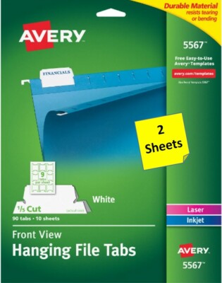 [2 Sheets] Avery 5567 Hanging File Tabs 1/5 Cut, White LASER/INKJET | eBay