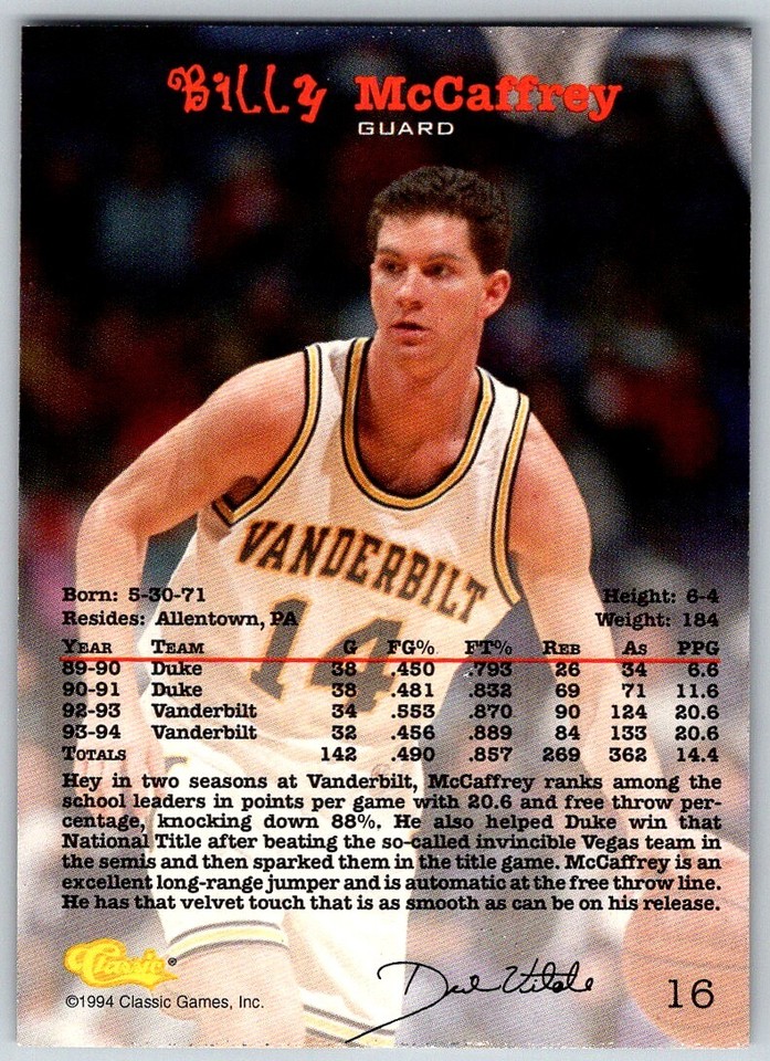 1994-95 Classic Draft BILLY MCCAFFREY #16 Vanderbilt Commodores | eBay