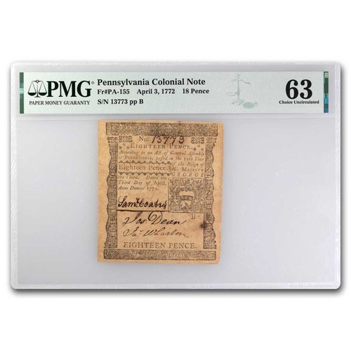 1772 18 Pence Pennsylvania 4/3/1772 CH CU-63 PMG (Fr#PA-155) | eBay