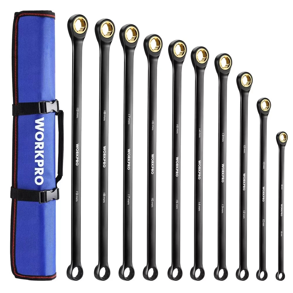 WORKPRO 10PC Extra Long Ratcheting Wrench Set 8-19mm Combination Metric ...