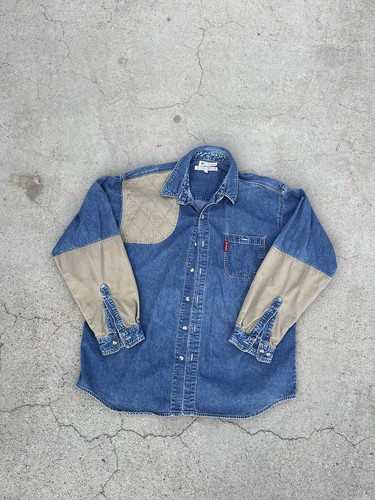 Vintage 90s Columbia Button Down Shooting Shirt Blue Denim & Tan Mens ...