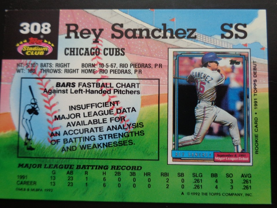Rey Sanchez - 1992 Topps - Card # 308 - Autgraphed - Chicago Cubs Baseball | eBay
