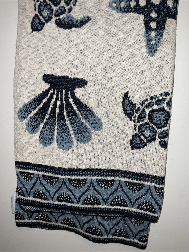COASTAL COLLECTION BEIGE NAVY SEA TURTLE STARFISH TEXTURED KNIT THROW ...
