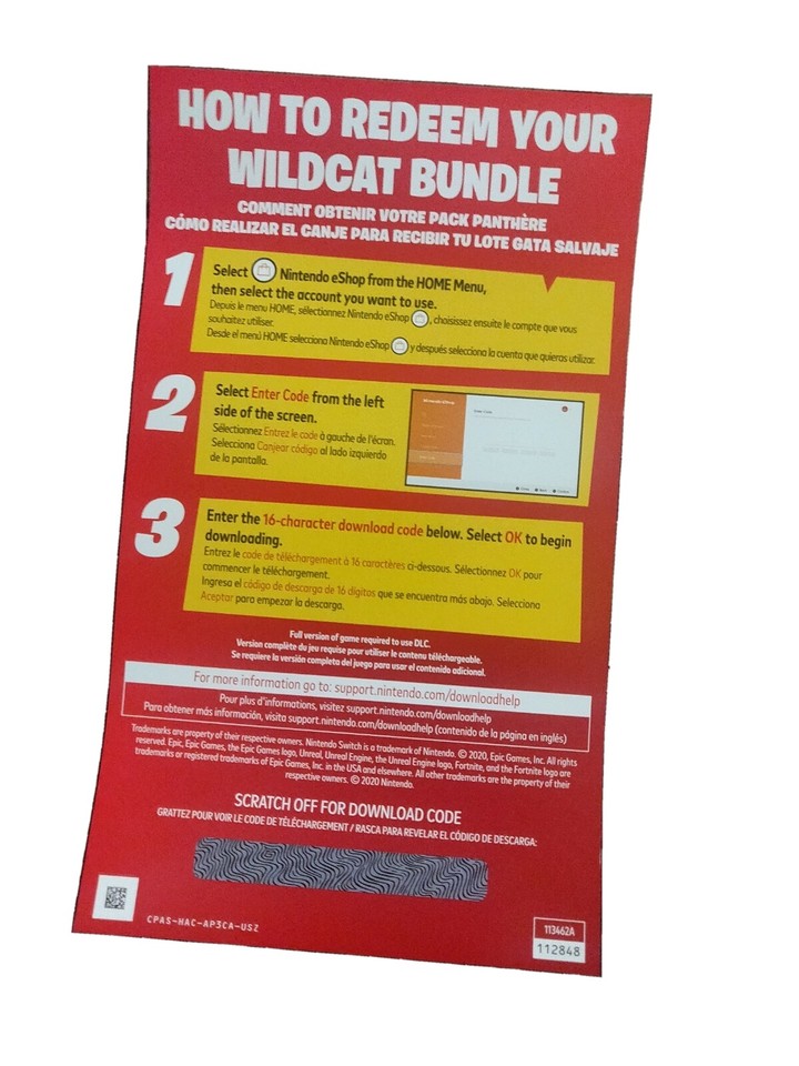 Nintendo Switch Fortnite WildCat Bundle USA CODE card + 2000 vbucks ...