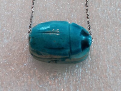 Egyptian Revival Blue Glazed Clay Scarab Pendant on Sterling Silver ...