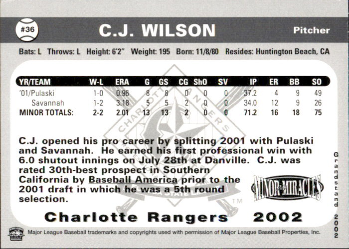 2002 Charlotte Rangers Grandstand #36 C.J. Wilson Huntington Beach ...