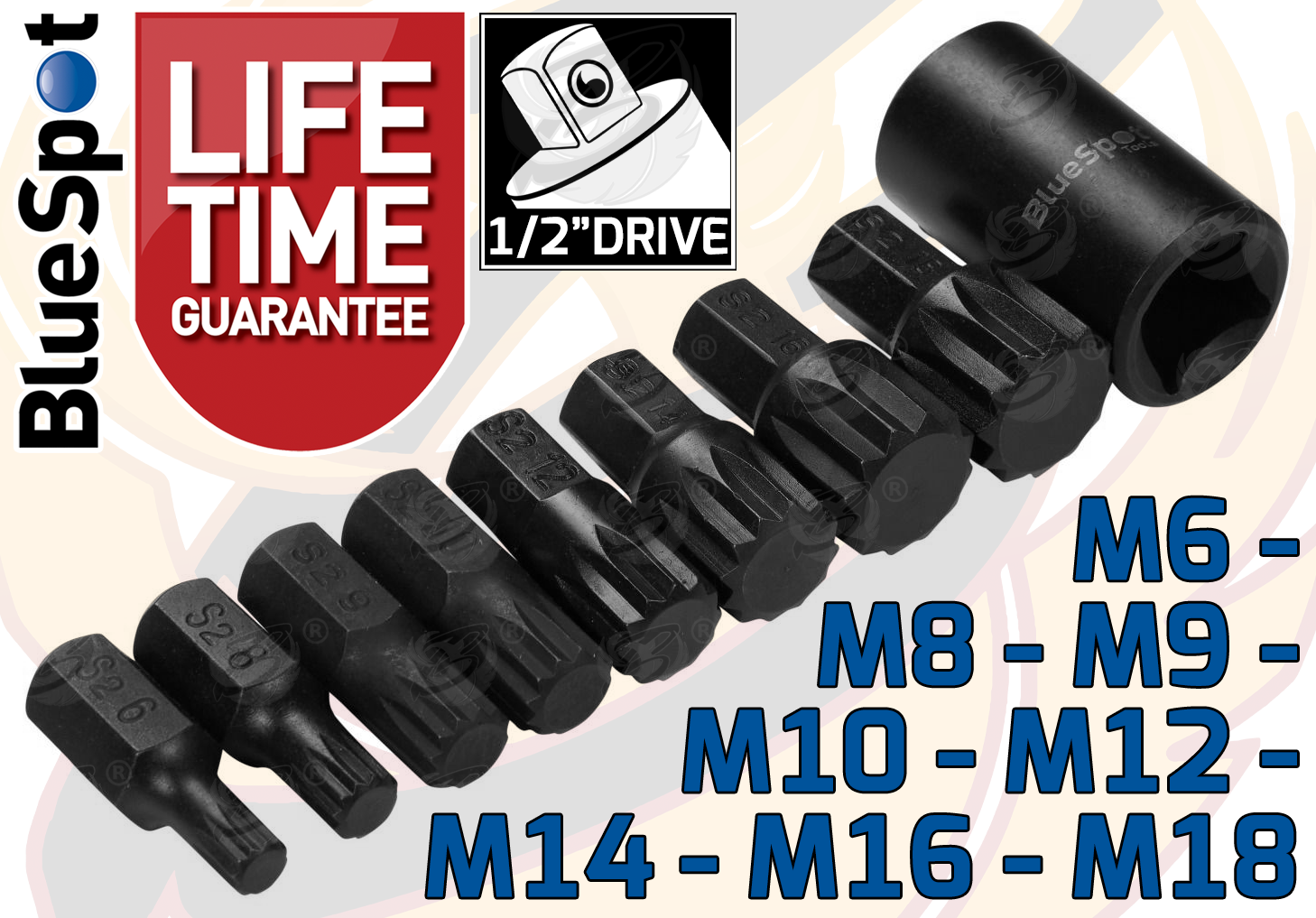 BLUESPOT IMPACT SPLINE BIT Sockets Set 1/2" Drive Impact Spline Sockets ...