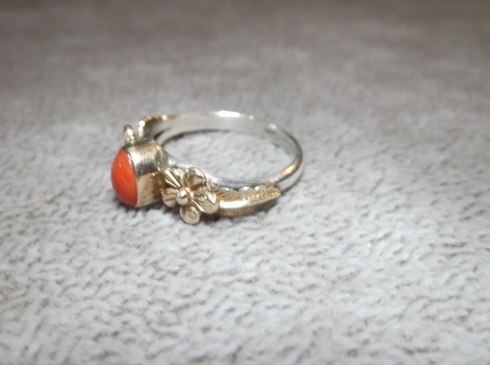 Beautiful Ox Blood CORAL Solid 14K Yellow Gold & Sterling Silver Band ...