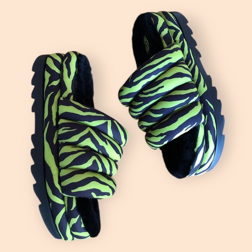 UGG Maxi Slide Tiger Print Sandal Neon Green Black Platform Fur Lined ...