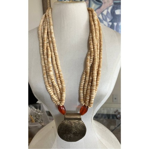 Vintage Bone and Amber Necklace with Large Bronze Colored Medallion | eBay
