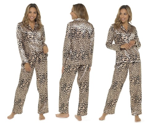 Womens Ladies Animal Satin Leopard Print Pyjamas Silky Soft Loungwear ...