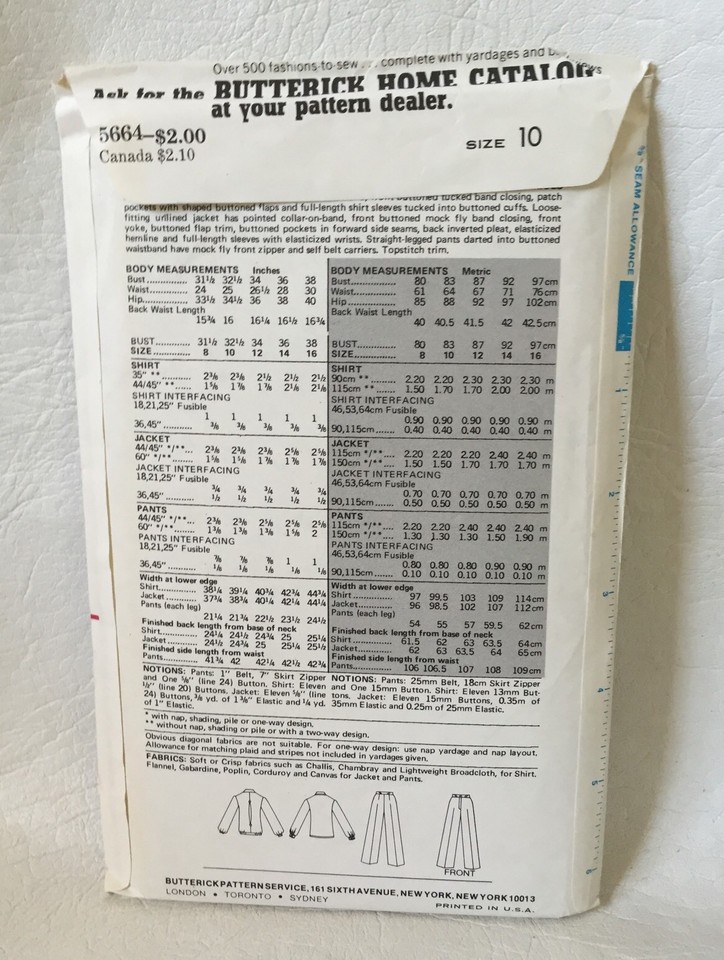 Butterick sewing Pattern 5664 Size 10 UNCUT Misses Shirt Jacket Pants ...