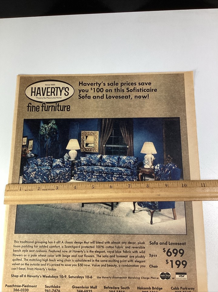 Atlanta GA Print Ad 1981 AJC Haverty’s Furniture Sofa Blue Flowers ...