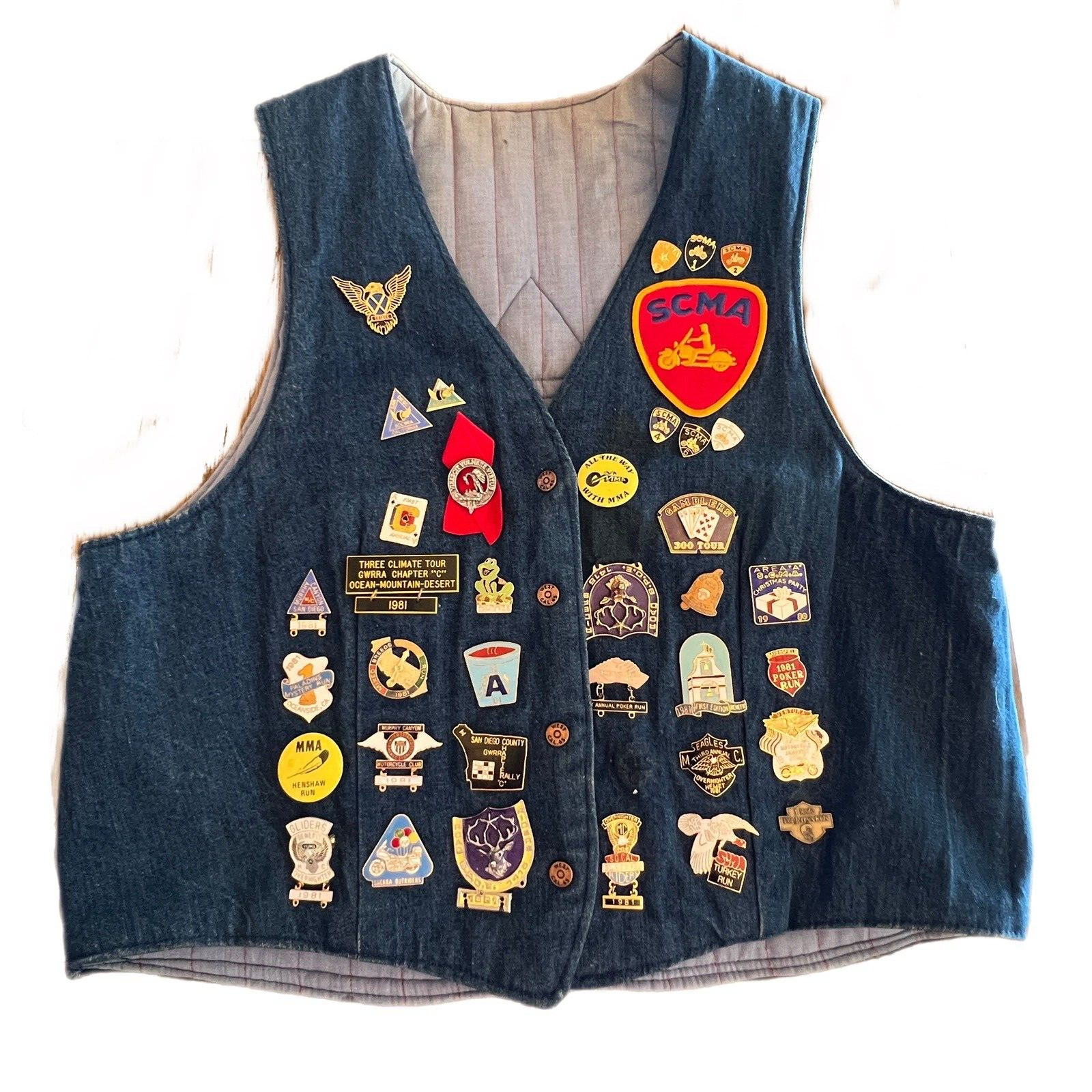 Vintage Handmade Vest Biker Pins Patches GWRRA SCMA - Gem