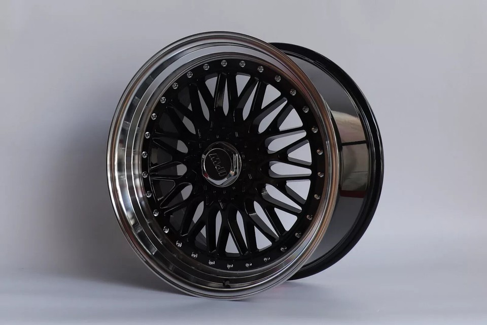 18" Wheels 18x8 +35 4x100 / 4x114.3 Black Machined Lip RS Mesh Style ...