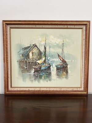 vintage John Luini Original Sea Side Painting Boats At The Dock | eBay