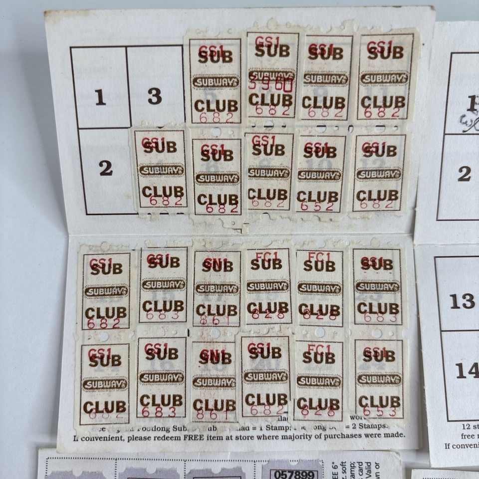 Subway Restaurant Sandwich Sub Club Cards Stamps Lot 1990’s Yellow Blue ...
