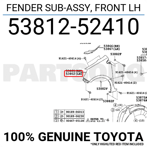 5381252410 Genuine Toyota FENDER SUB-ASSY, FRONT LH 53812-52410 | eBay