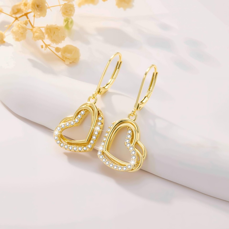 14K Gold Heart Earrings for Women, Cubic Zirconia Dangle Earrings, Gold ...