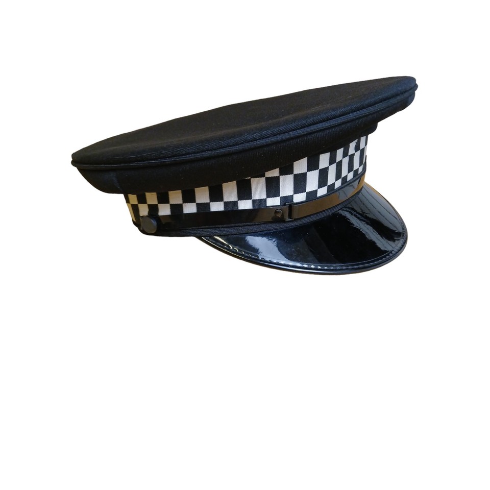 Ex Police Black Peaked Cap Checked Band Collector Film TV Fancy Dress ...