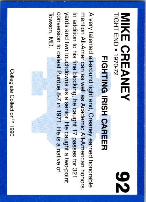 1990 Collegiate Collection Notre Dame #92 Mike Creaney | eBay