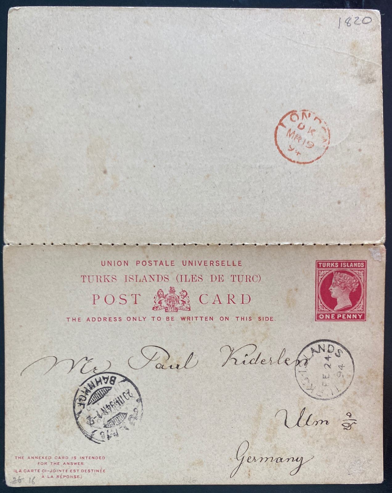 1894 Turks Island Postal Stationery Reply Postcard Cover To Ulm Germany ...