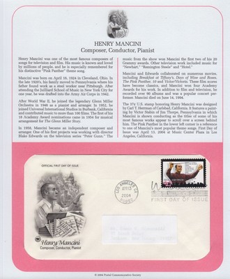 2004 Henry Mancini composer pianist Sc 3839 FDC with PCS cachet on info ...