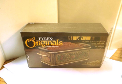PYREX ORIGINALS 1.5 QT LOAF PAN WITH METAL DECORATIVE SERVER NEVER USED ...