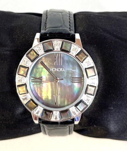 Honora Ladies Watch Mother of Pearl White Topaz Croc Embossed Leather ...