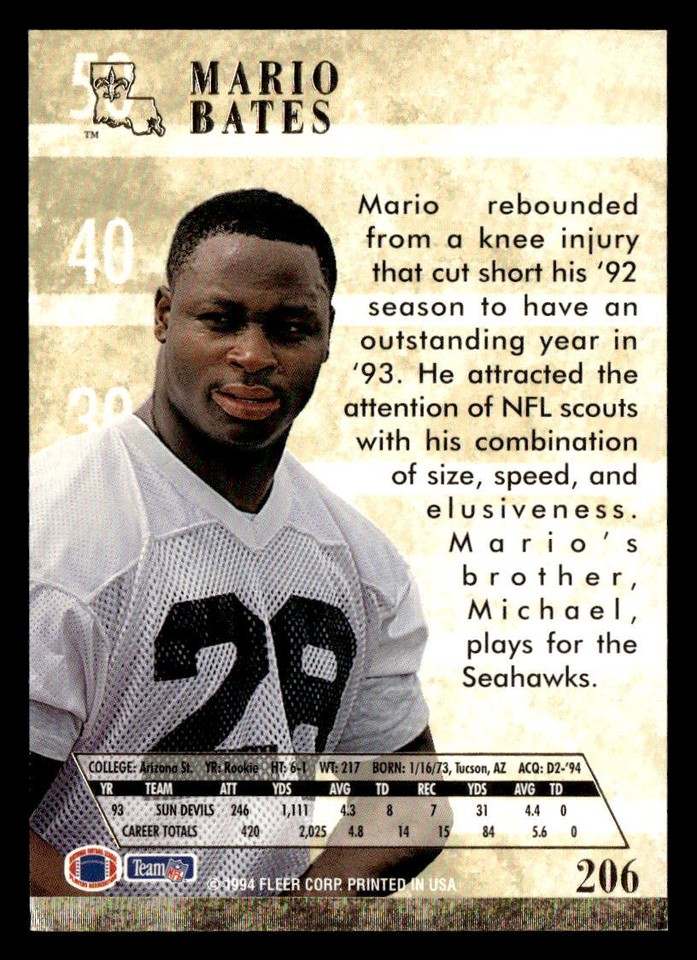 Mario Bates 1994 Ultra Rookie Card #206 New Orleans Saints | eBay